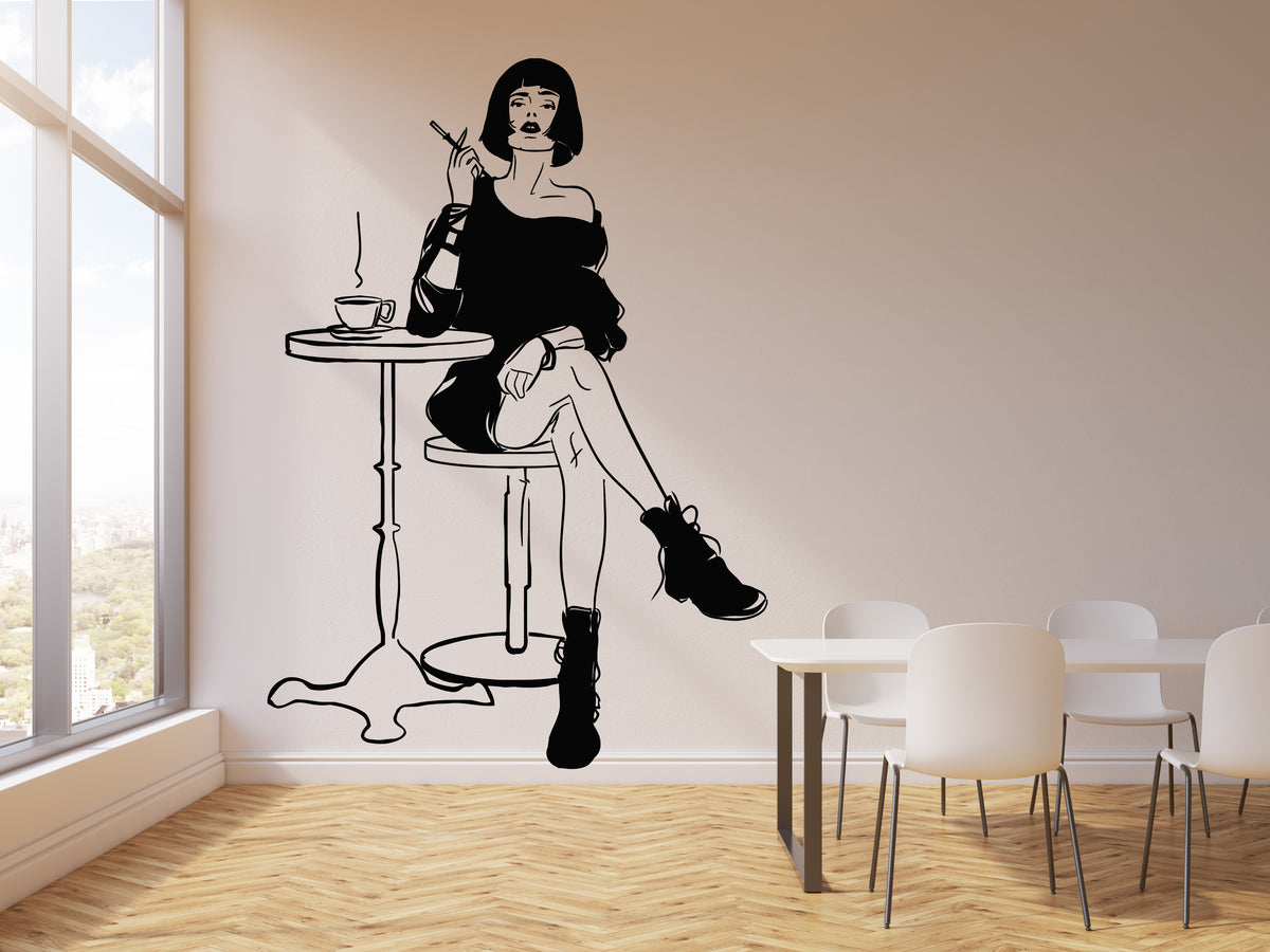 Vinyl Wall Decal Parisian Beauty Woman In Cafe Coffee Cigarette Sticke ...