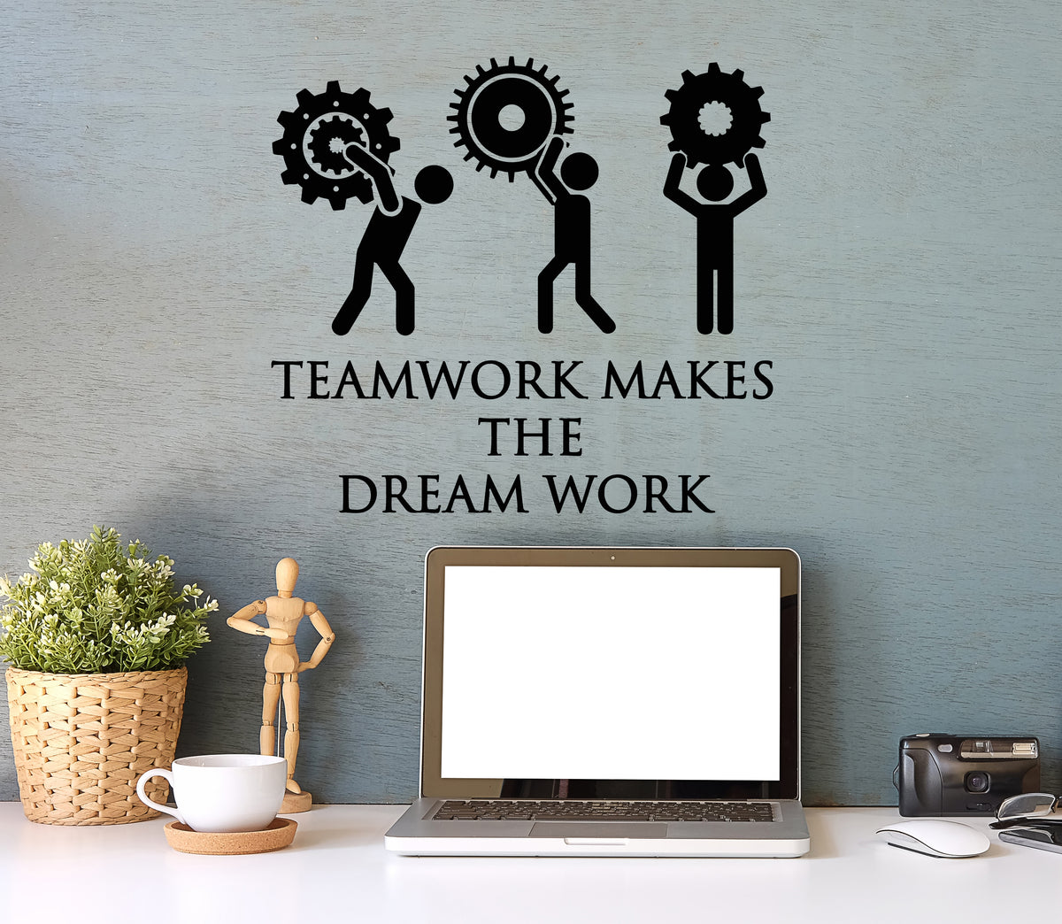 Vinyl Wall Decal Teamwork Dream Work Office Phrase Gears Stickers Mura ...