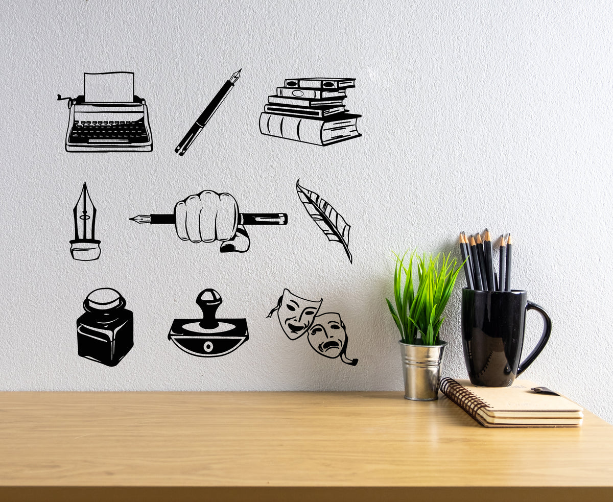 Vinyl Wall Decal Typewriter Writer Journalist Books Theatrical Masks S ...