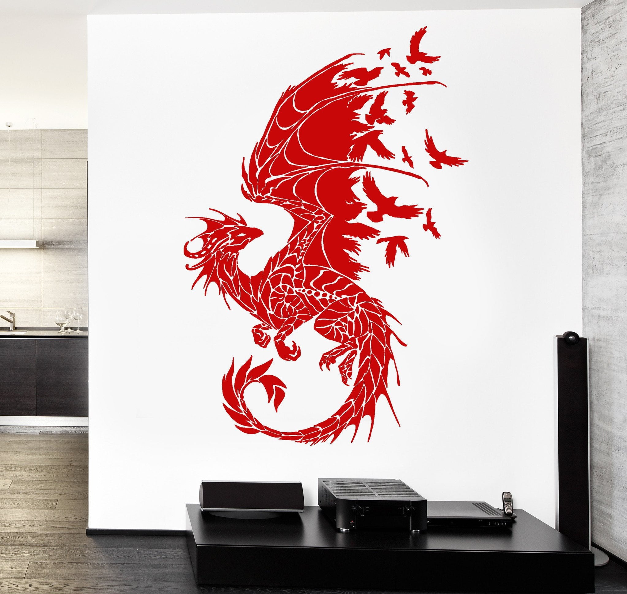 Dragon Wall Sticker Birds Fantasy Fairytale Gothic Abstract Decor ...