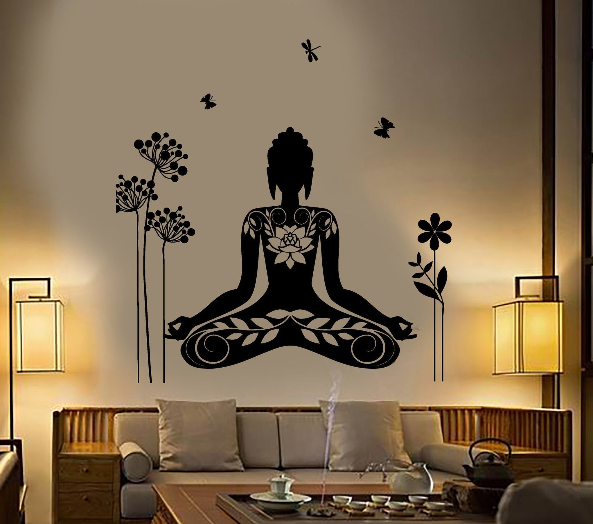 Buddha Wall Sticker Meditation Mantra Flower Butterfly Yoga Vinyl Deca ...