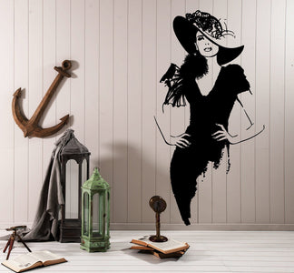 Wall Vinyl Decal High Fashion Dress Hat Beautiful Girl Woman Beauty Sa ...