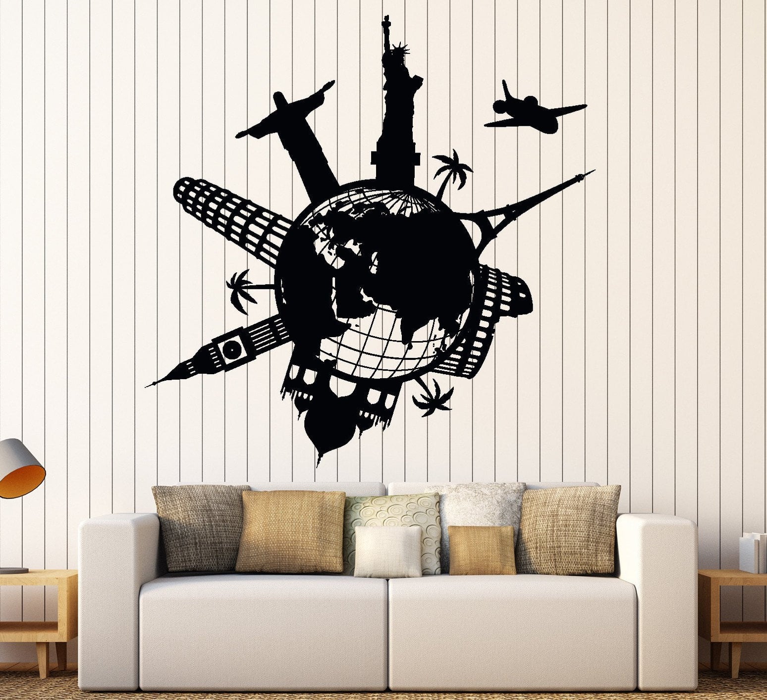 Wall Vinyl Decal Satue Of Liberty Eiffel Tower Famous Places World Map ...