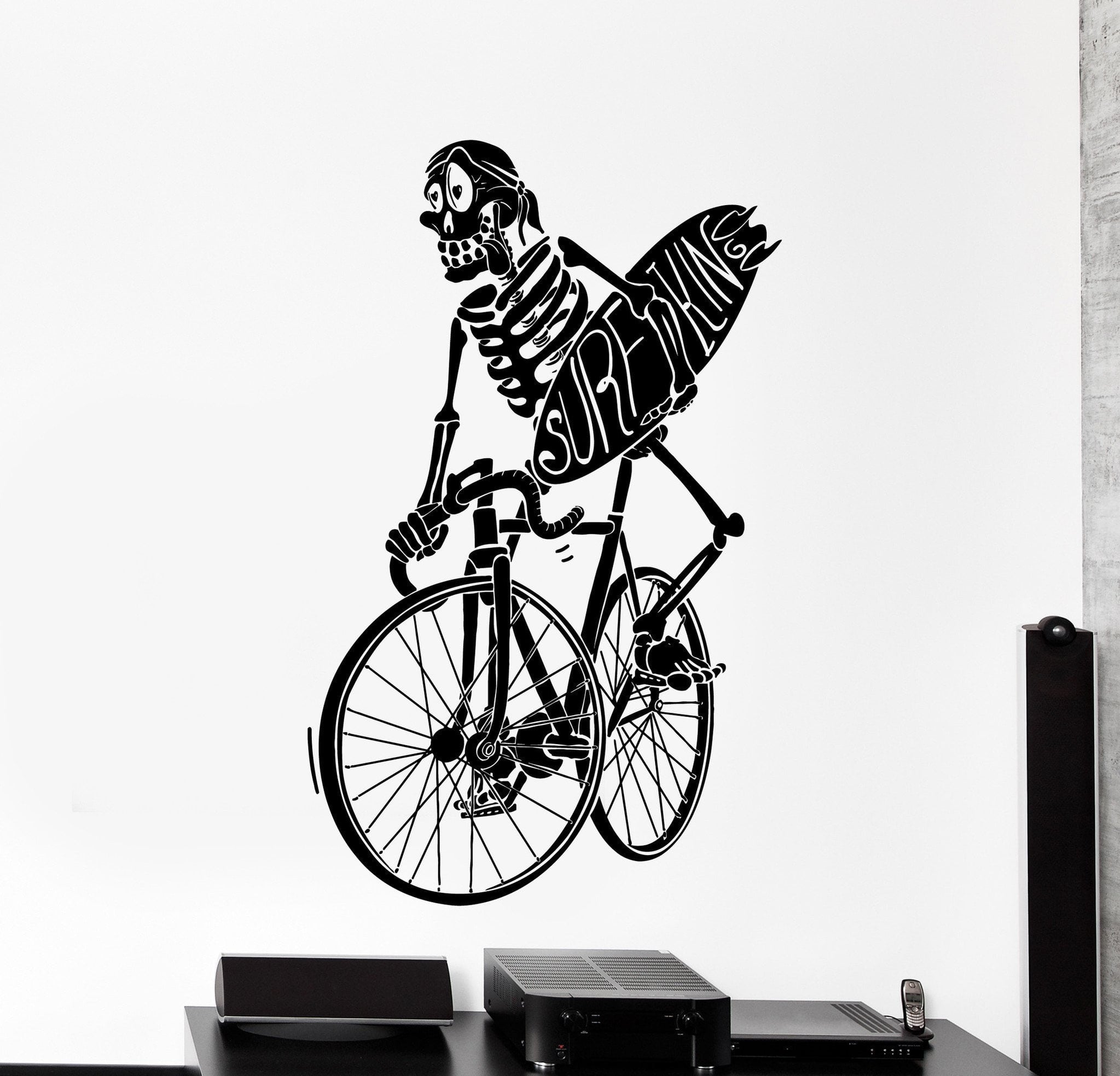 Vinyl Wall Decal Surf Surfing Skeleton Bike Bycicle Funny Big Home Dec ...