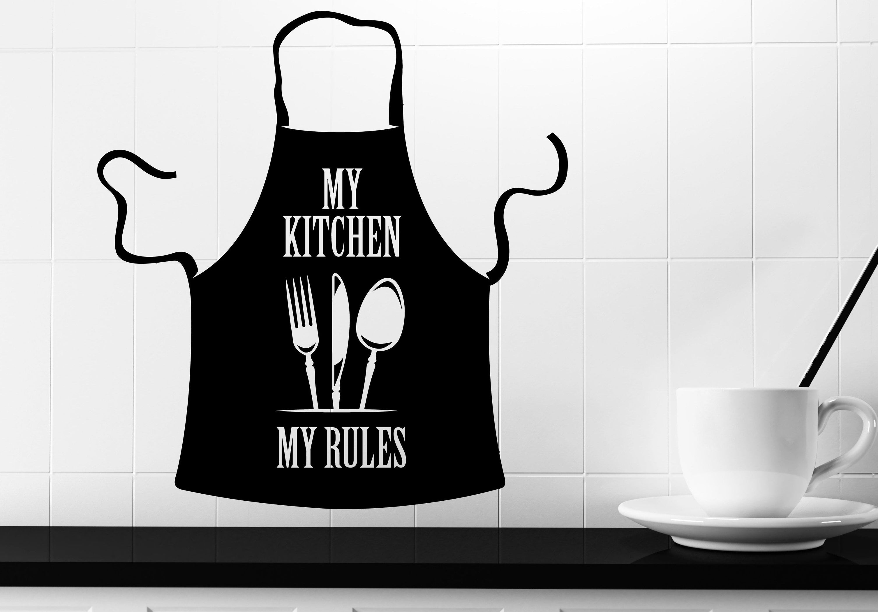 Wall Vinyl Decal Kitchen Decorations Apron Words My Kitchen My Rules U ...